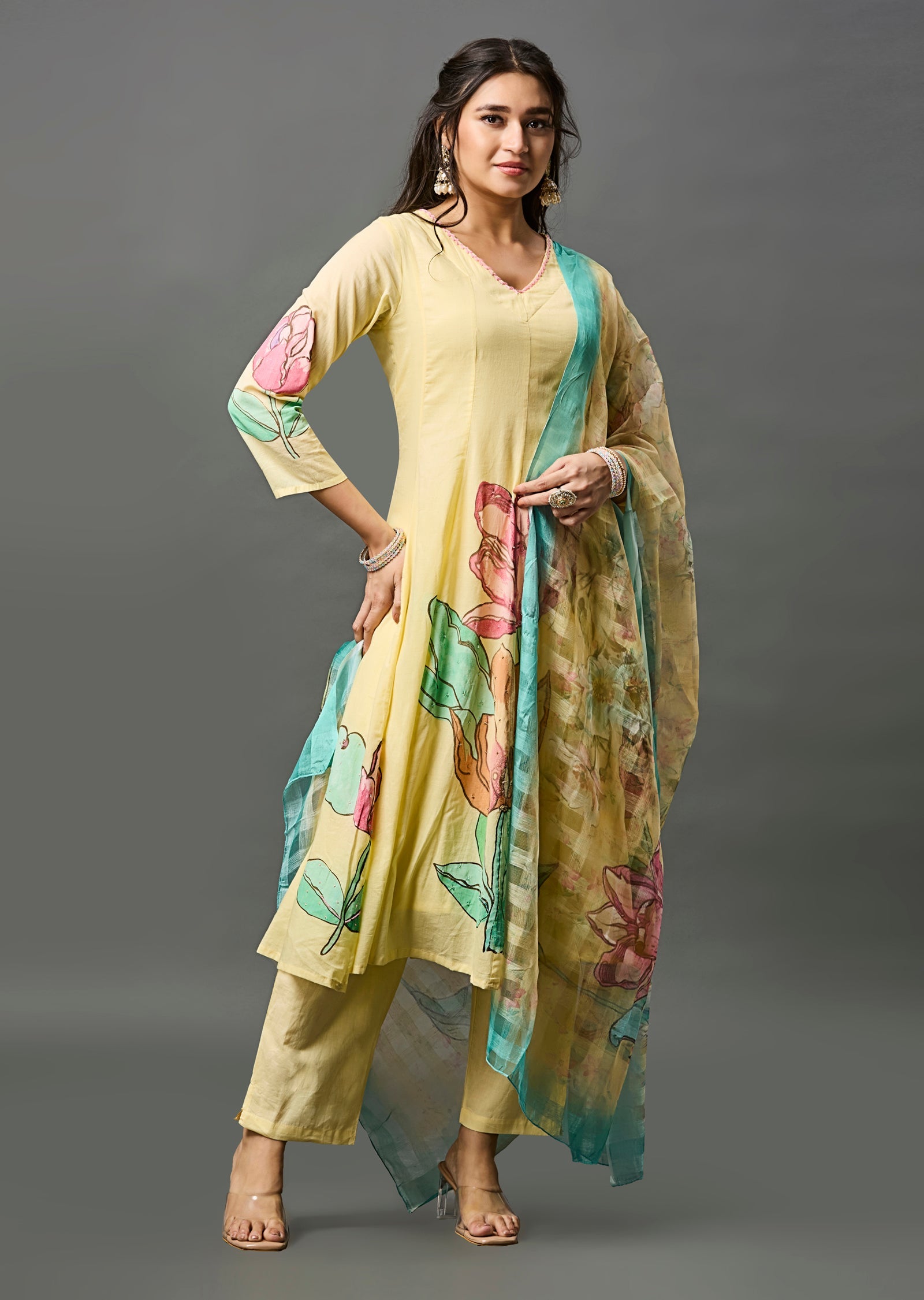 Light Yellow Cotton Anarkali Suit
