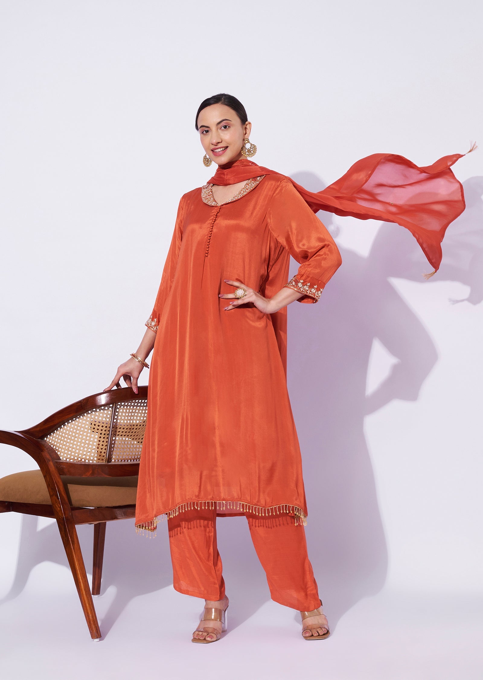 Rust Chinnon Tail-Cut Kurti Set