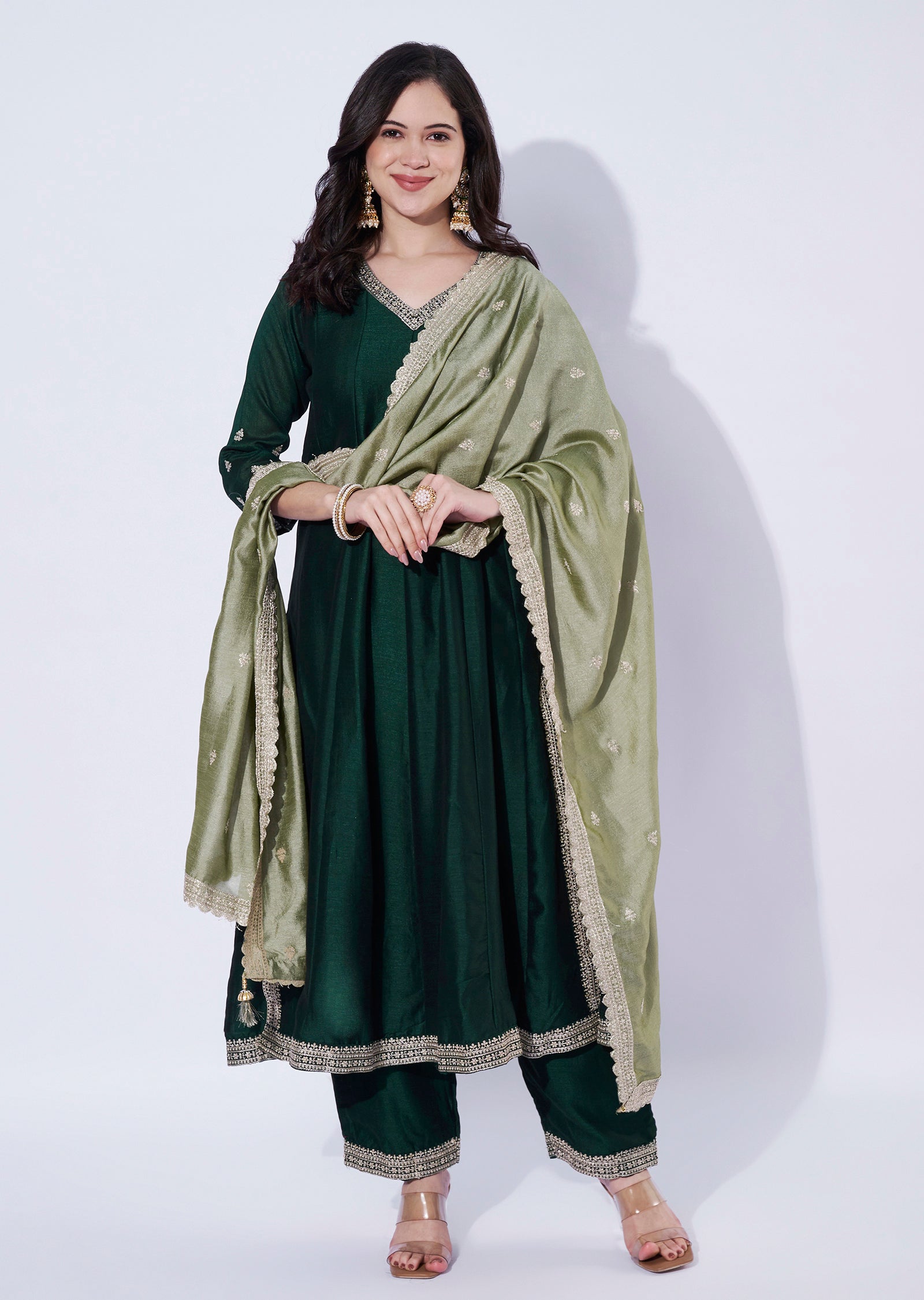 Bottle Green Georgette Side-Slit Anarkali Suit