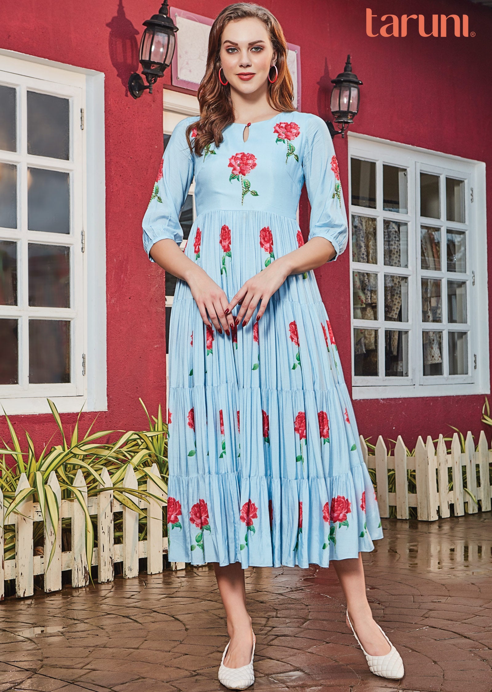 Light Blue Frock Style Kurti with Cut Dana Work
