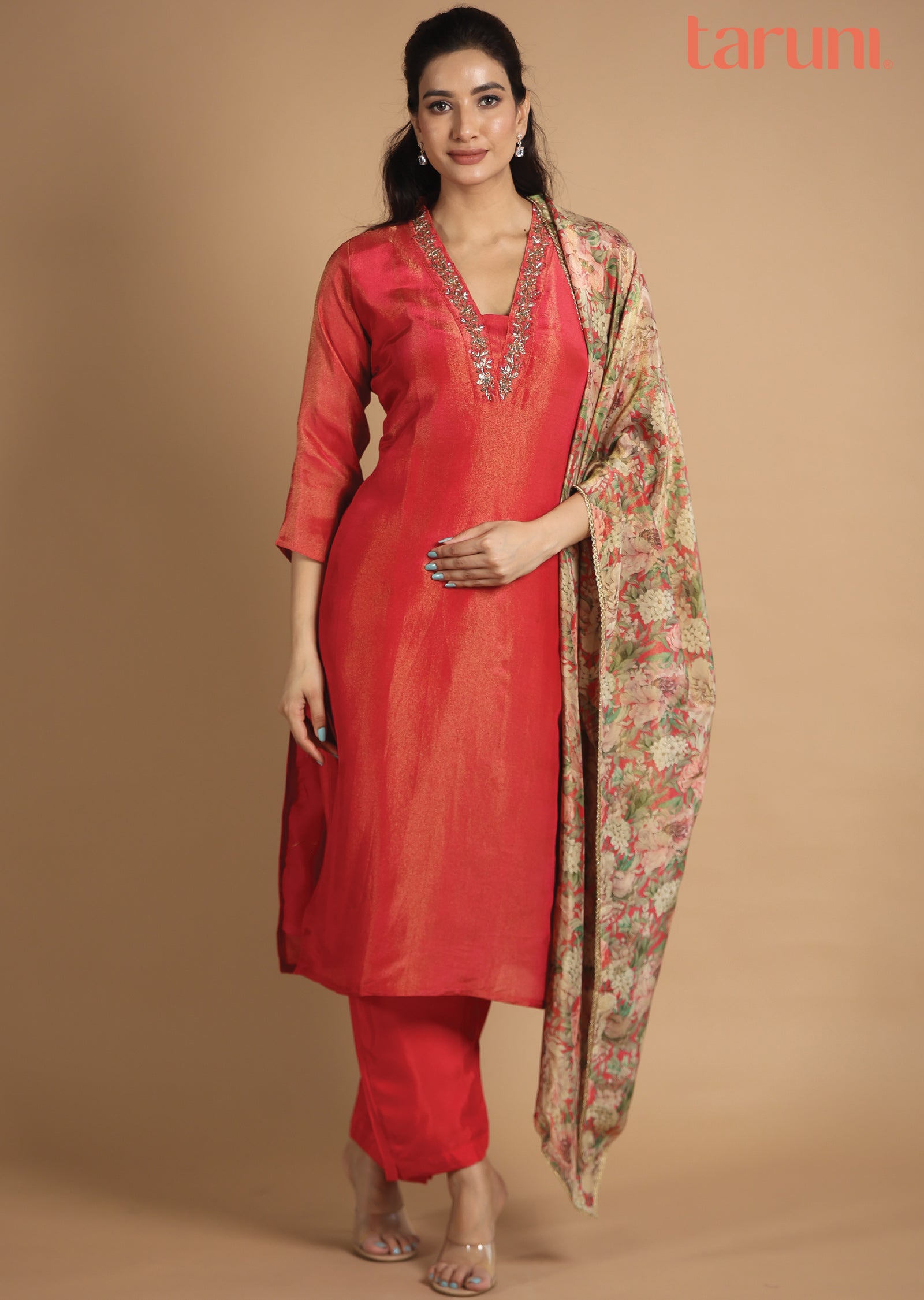 Reddish Pink Tissue Silk Straight Cut Suits