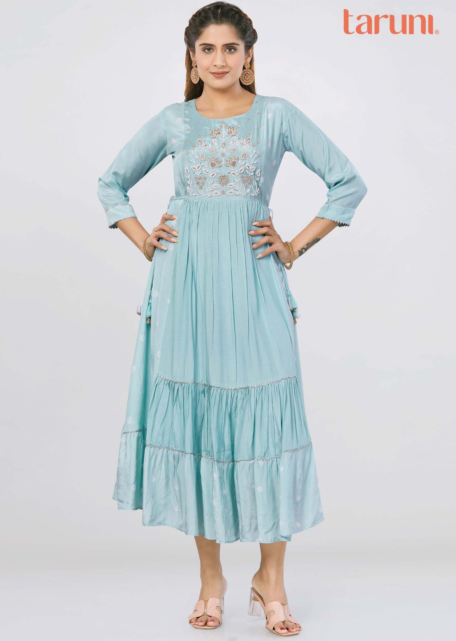 Sea Green Modal Zardosi & Embroidered Frock Style Kurti