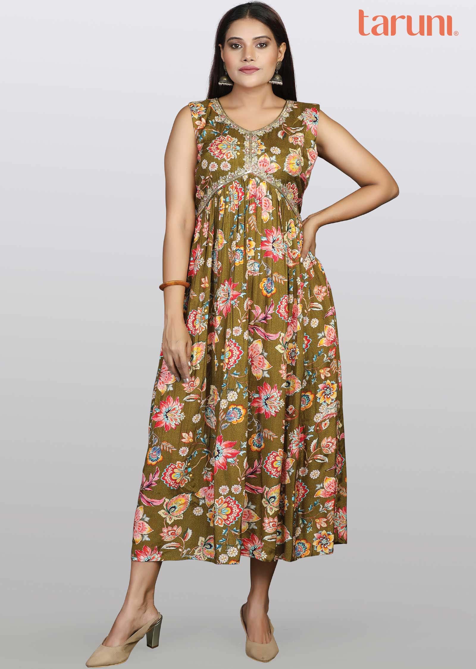 Mehendi Green Modal Sequins Frock Style Kurti